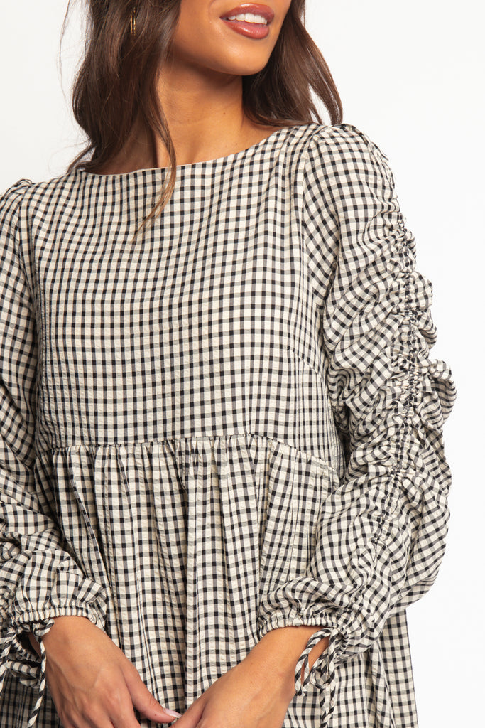 Micaela Long Sleeve Mini Dress - Black Gingham - Petal & Pup
