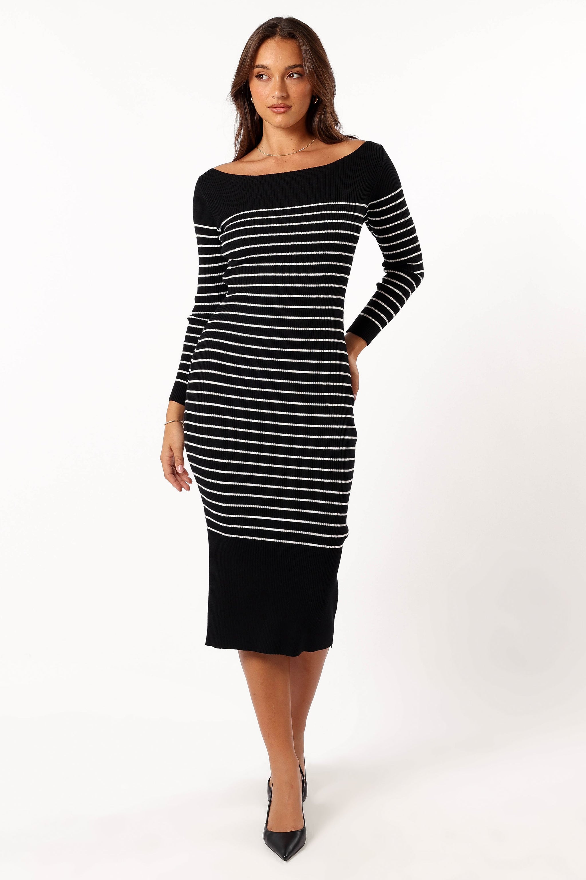Baxtor Off the Shoulder Midi Dress - White/Black | Petal & Pup