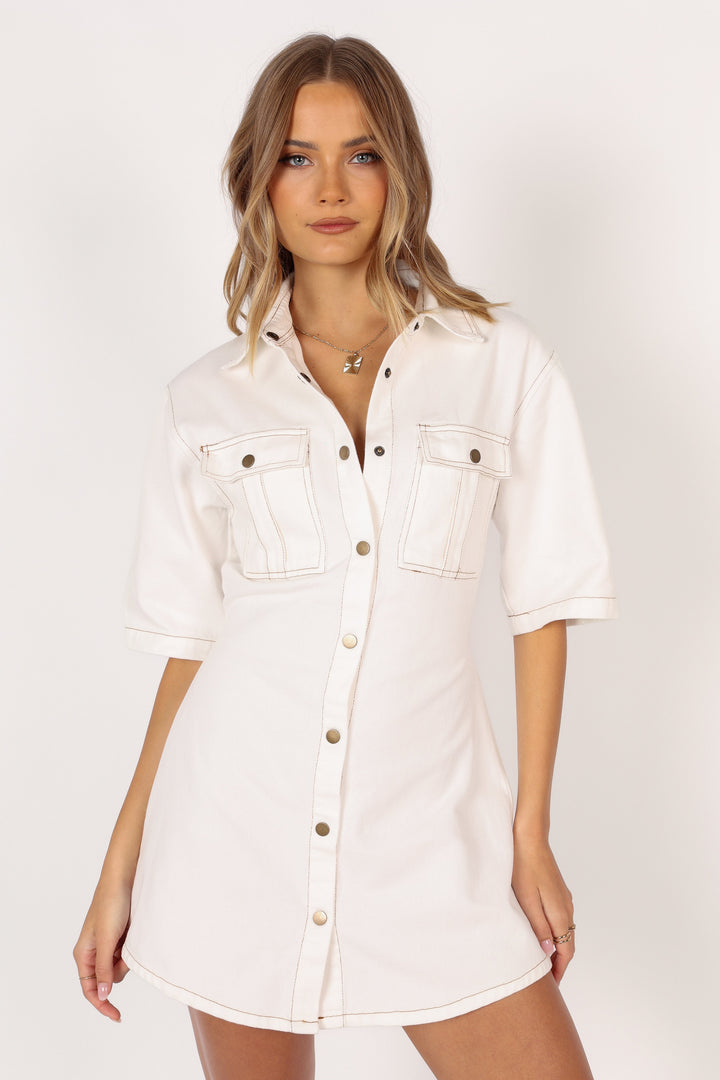 Hailey Denim Mini Dress - White Denim - Petal & Pup