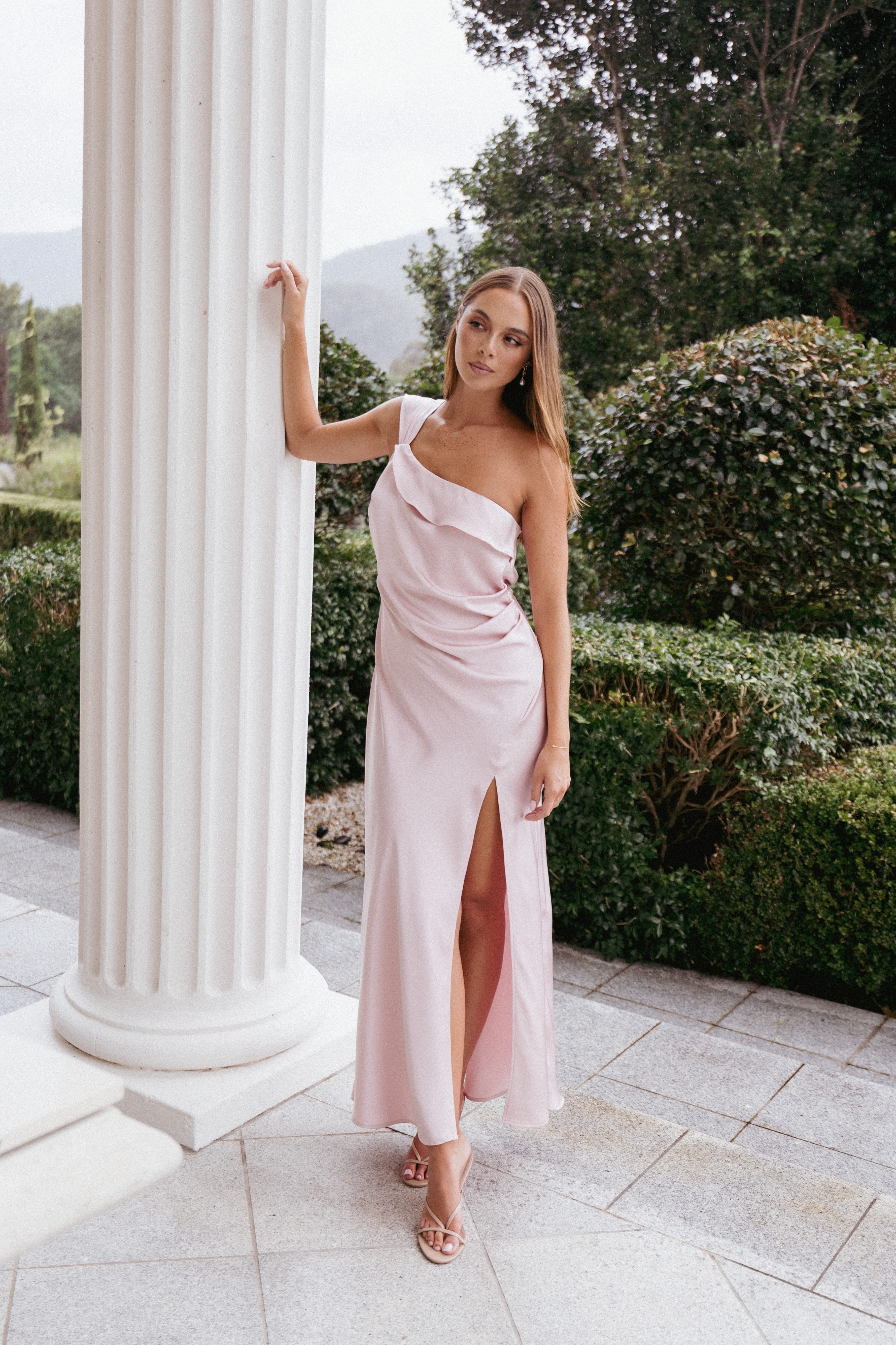 Lolana Draped One Shoulder Dress - Pale Pink | Petal & Pup