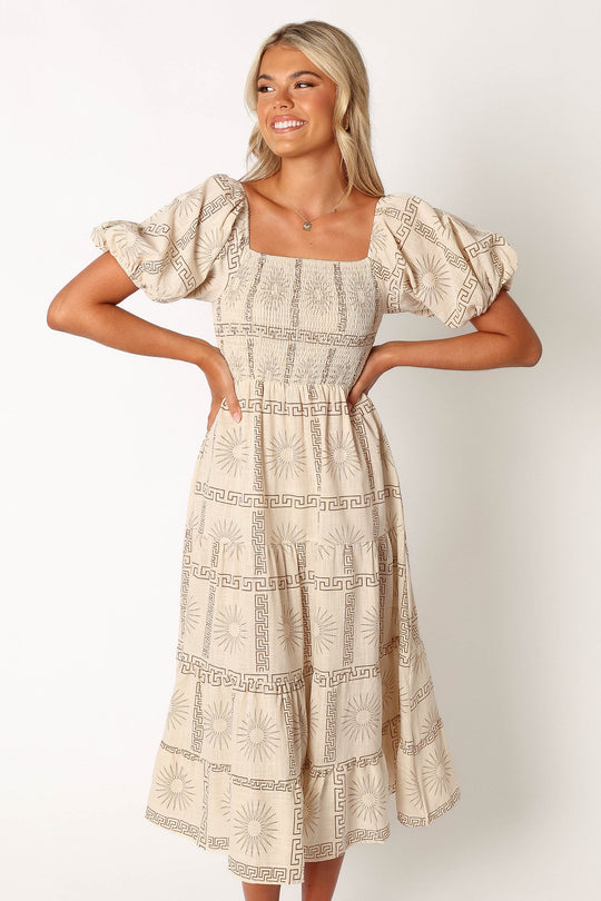 Soliel Puff Sleeve Midi Dress - White Tan - Petal & Pup
