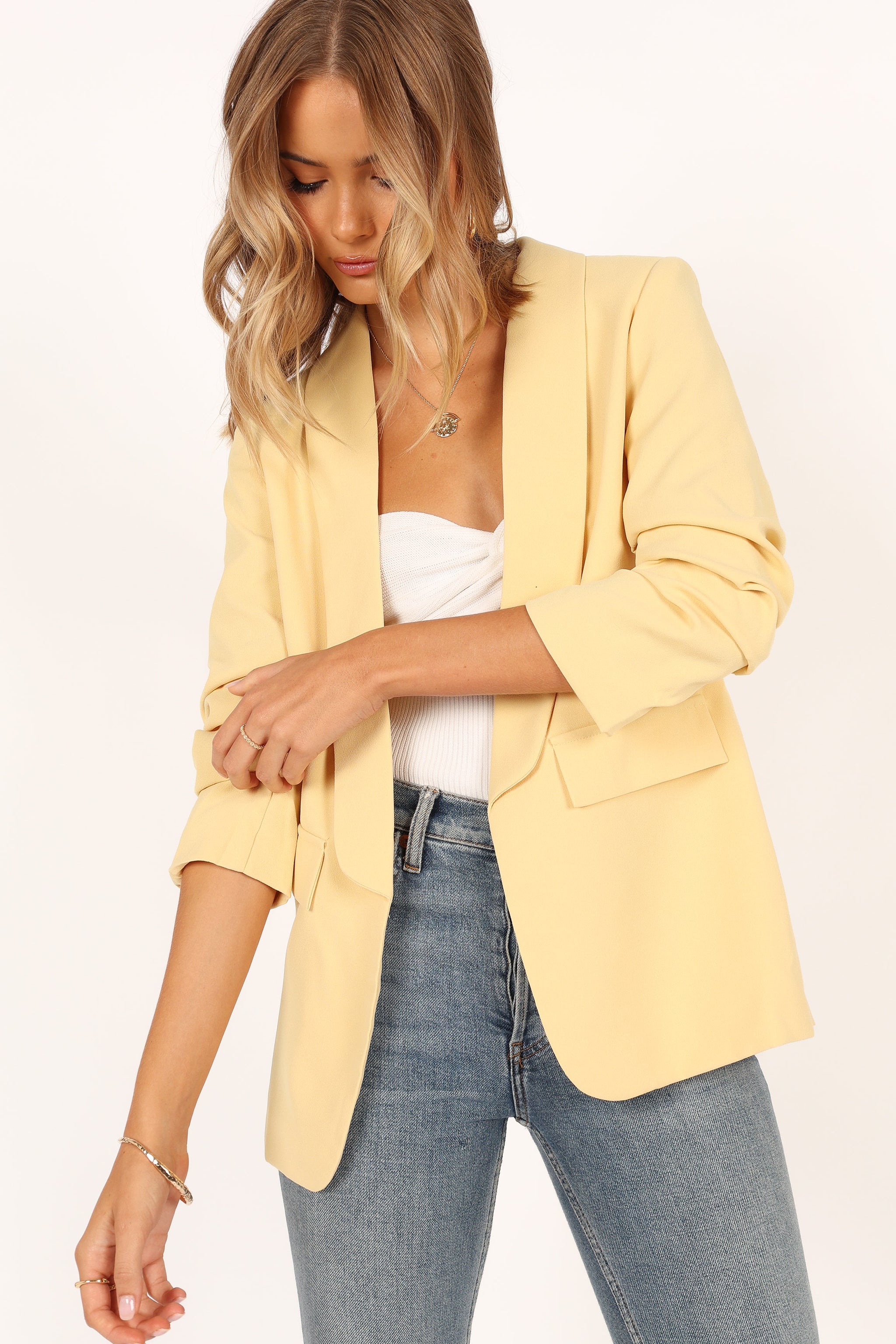 Beth Open Front Slouch Sleeve Blazer - Butter Yellow | Petal & Pup