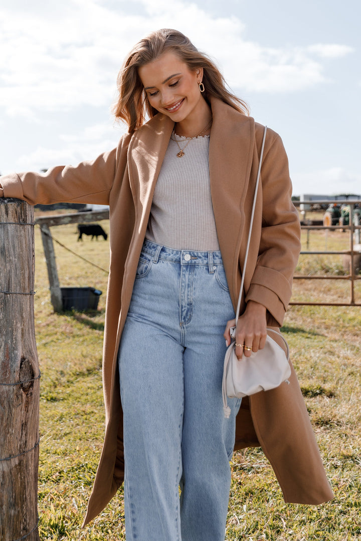 Emersyn Tie Front Coat - Camel - Petal & Pup
