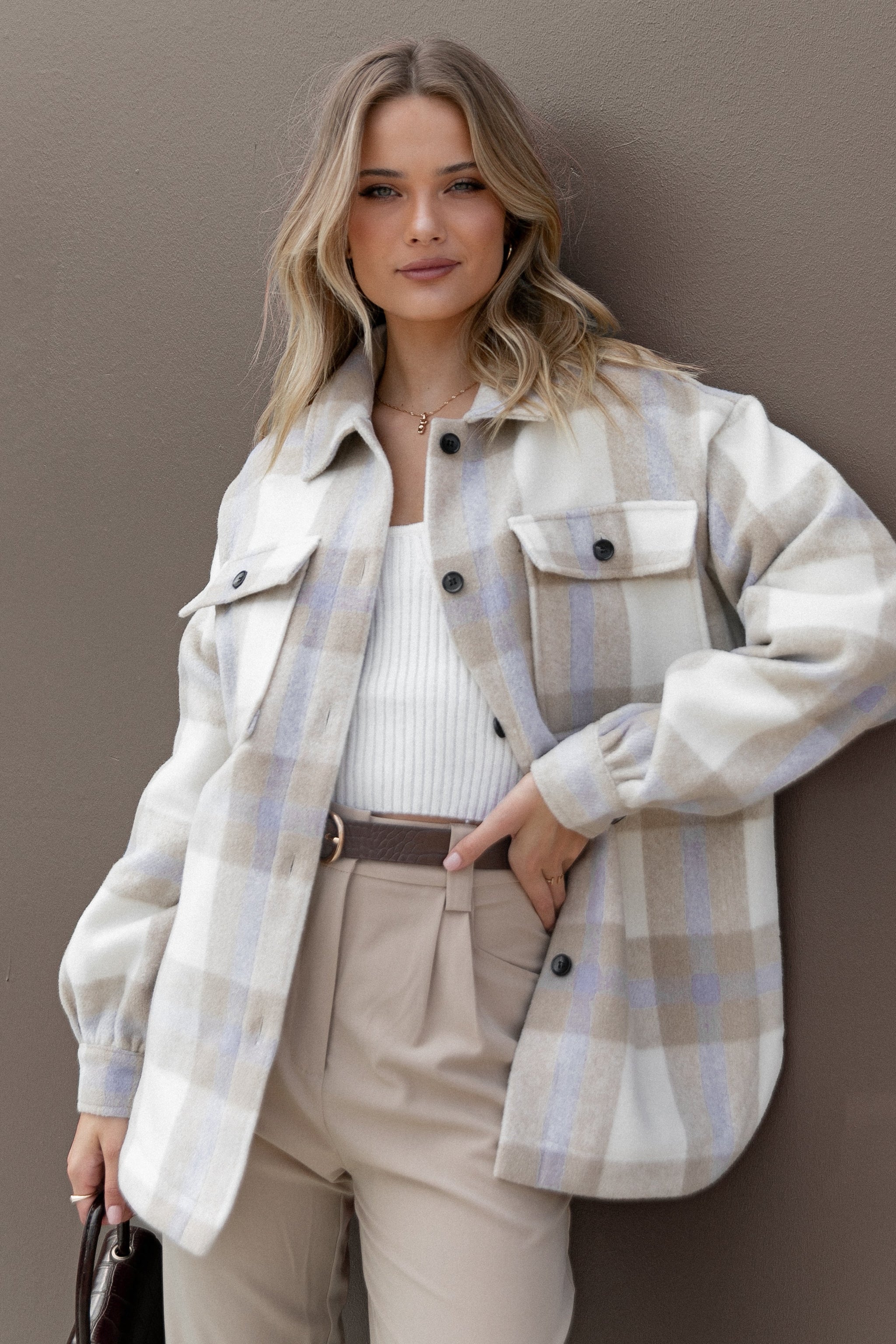 Alex Double-Breasted Pocket Shacket - Cream Check | Petal & Pup